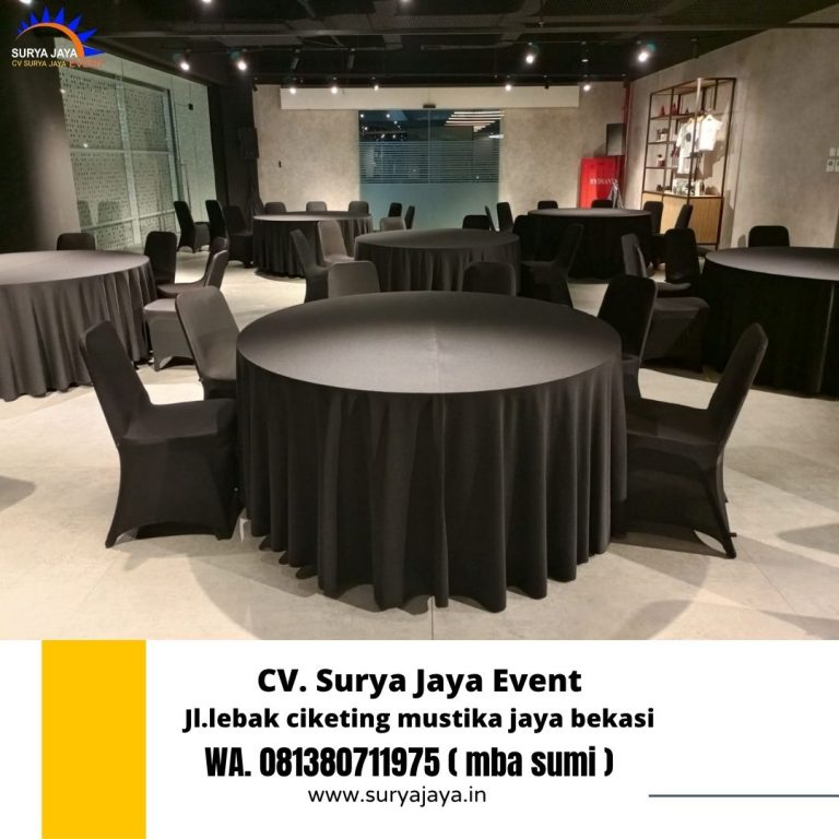 Sewa Meja Bundar Cover Hitam, Putih, Gold, Hijau, Biru di Jakarta